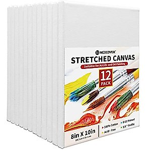 NEXCOVER Stretched Canvas - 12 Pack 8x10 Inch, 5/8” Profile, 100% Cotton Art Canvas, Triple Primed White Blank Canvases, Acid-Free, Artist Painting Canvas for Acrylic, Oil, Tempera, Gouache Paint
