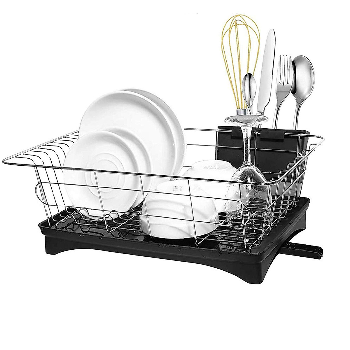 DOUBLE 2 C Dish Drying Rack, Stainless Steel Dish Drainer for Kitchen, Small Dish Drainer Rack for Kitchen Counter, Set of Rustproof Dish Rack and Drainboard (Black)