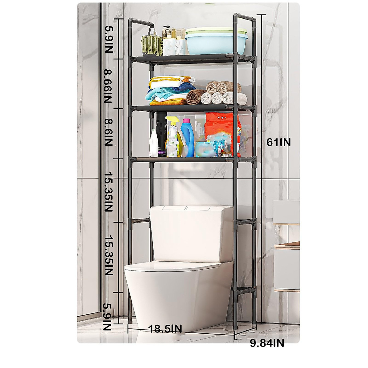 Over The Toilet Storage Cabinet, Stainless Steel 3-Layer Over Toilet Bathroom Organizer, Stable Freestanding Bathroom Shelves Over Toilet, Bathroom Over Toilet Storage For Bathroom, Restroom (Black)