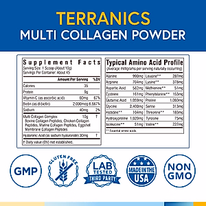 Terranics Multi Collagen Powder Type I II II V X with Biotin VC Hyaluronic Acid, Paleo & Keto Friendly, Skin Hair Nail & Joint Support, Bovine Marine Chicken & Eggshell, Unflavored