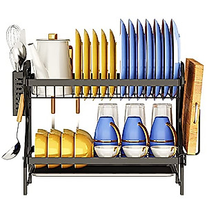 LIMORUNS Dishracks On Counter with Drainboard 2 Tier Set of Dish Drying Rack with Drainboard Utensils & Cutting Board Holder, Rustproof Large Black Dish Holders for Kitchen Counter