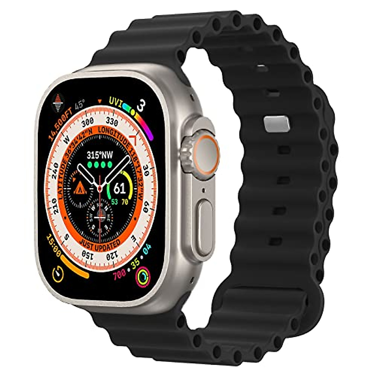 Astorgos Ocean Silicone Band Compatible with Apple Watch Band Ultra2 Ultra 49mm 45mm 44mm 42mm iWatch Series 9 8 7 SE2 SE 6 5 4 3 2 1,Adjustable Band Breathable Replacement Strap for Women Men,Black