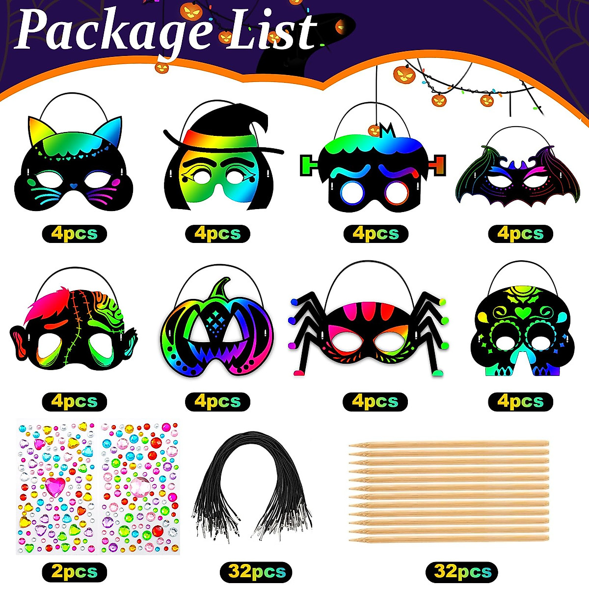 Natonhi 32Pcs Halloween Crafts for Kids Rainbow Scratch Mask, Halloween Games Scratch Art and Craft Kit Halloween Classroom Activities Favors Party Supplies