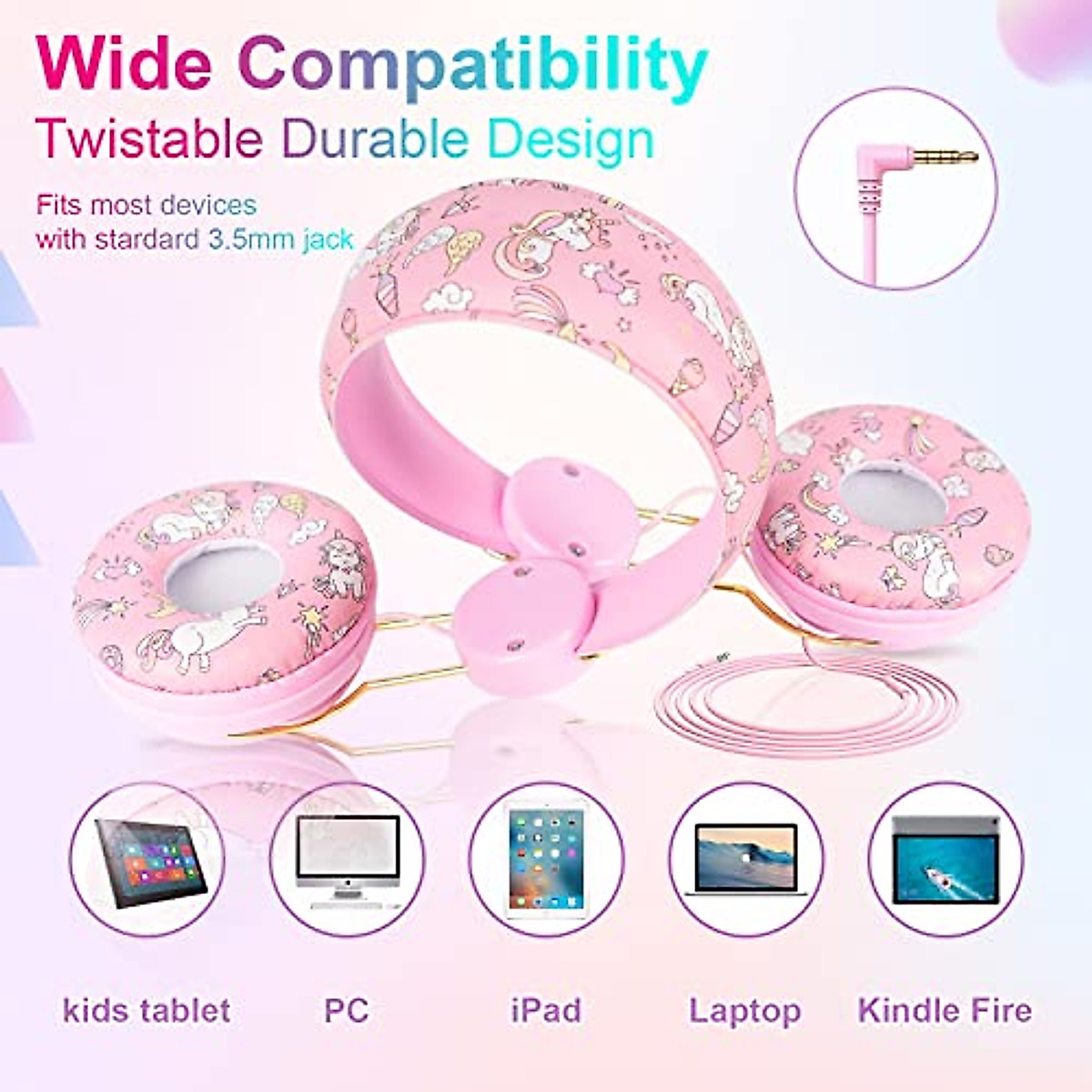 QearFun Unicorn Headphones for Girls Kids for School, Kids Wired Headphones with Microphone & 3.5mm Jack, Teens Toddlers Noise Cancelling Headphone with Adjustable Headband for Tablet/Smartphones