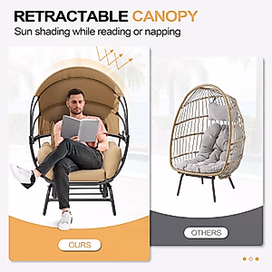 Crestlive Products Egg Chair Outdoor Indoor, Glider Chair with Folding Canopy, All Weather Aluminum Oversized Lounge Chair w/Cushion & Sun Shade Cover for Living Room, 350lbs Capacity (Black&Tan