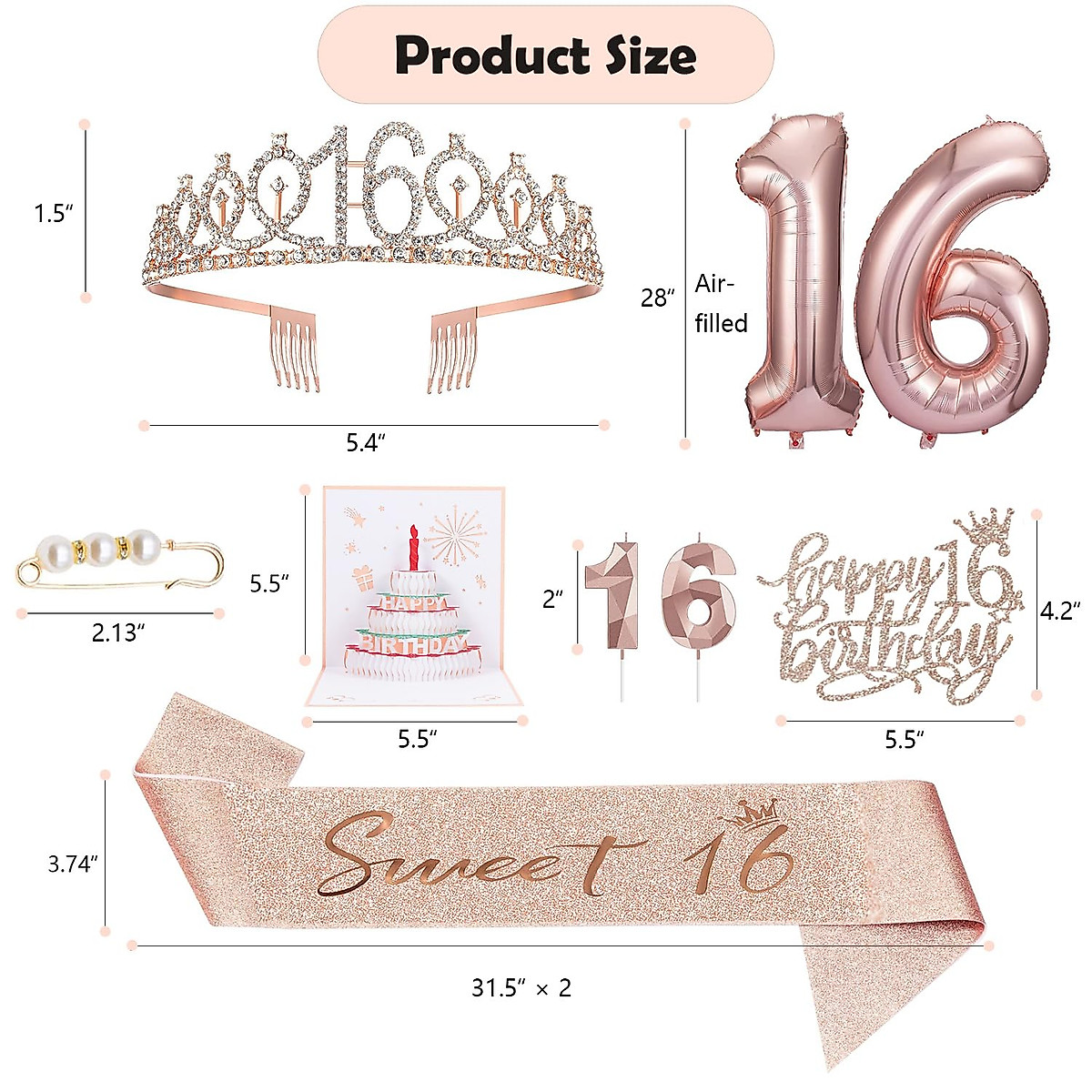 8pcs Sweet 16 Birthday Decorations for Girls, Including 16th Happy Birthday Cake Toppers, Birthday Queen Sash with Pearl Pin, Sweet Rhinestone Tiara Crown, Number Candles and Balloons Set, Rose Gold