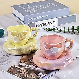 Koythin Ceramic Coffee Mug, Creative Cute Cream Sheen Cup with Sunflower Coaster for Office and Home, 6.5 oz/200 ml for Tea Latte Milk (Cream Pink)