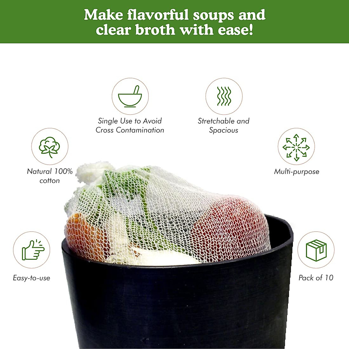Regency Wraps Soup Socks, Cotton Mesh Bags for Making Clear Flavorful Broth and Soups, Natural 100% Cotton, 24" Pack of 10, Great for Chicken, Veggies, Eggs and More