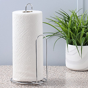 Free-Standing Paper Towel Holder with Easy-Tear Arm (Chrome), by Home Basics | Countertop Paper Towel Holder with Non-Skid Feet | Kitchen Paper Towels Holder