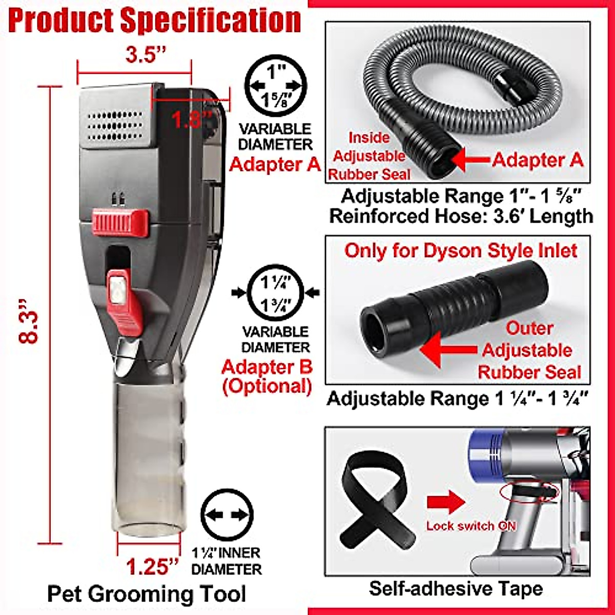 Portek Dog Hair Brush Vacuum Attachment for Most Vacuums, Pet Shedding Grooming Tool, Great for Dog Undercoat Removal, Deshedding Groomer, Extension Hose with Universal Adapters