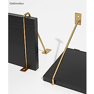 Godimerhea Black Floating Shelves for Wall, Set of 2 Wall Mounted Hanging Wood Shelf with Gold Brackets, Modern Luxury Decor Organizers Storage Shelves for Bathroom, Living Room, Bedroom