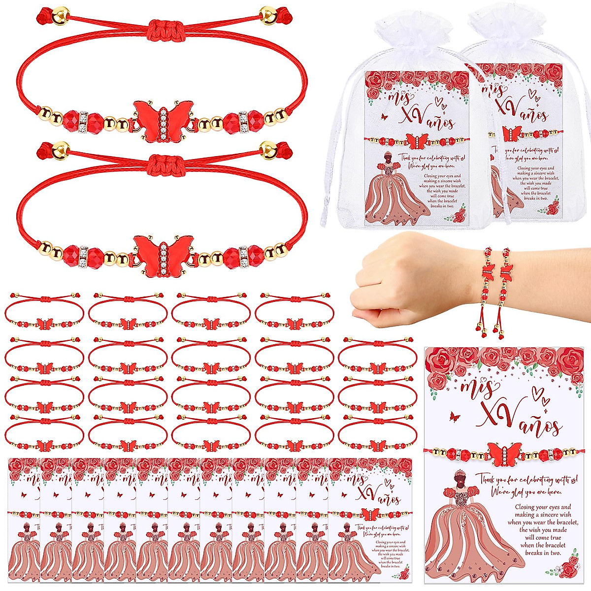 Wenqik 25 Sets Quinceanera Party Favors for Guests Recuerdos Para 15 Años Red Butterfly Wish Bracelets with Thank You Card and Organza Bag Quinceanera Gifts Mis Xv Años Birthday Party Favors