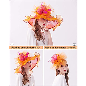 Z&X Women's Organza Church Fascinator Hair Clip Bridal Wedding Tea Party Hat Wide Brim Anti-UV Sun Hat Orange Rose