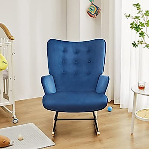 IDEALISMLIVING Rocking Chair, Nursery Glider Rocker Chair with Linen Fabric, Boho Chair with Solid Wood, Nursery Rocking Armchair for Baby Room, Rocking Chair Nursery for Living Room Bedroom (Blue)