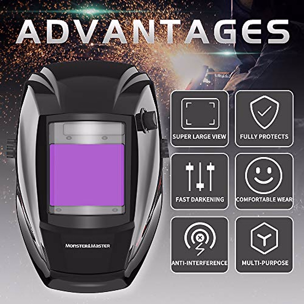 Monster & Master Auto Darkening Welding Helmet, 4 Arc Sensor Wide Shade, Large Viewing Screen Welding Mask, Welding Helmets for Men, MM-001
