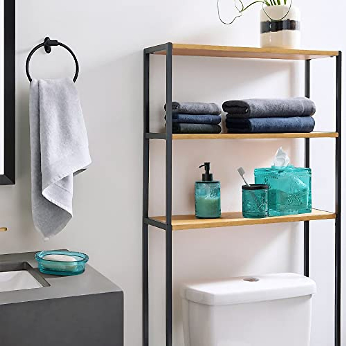 5PCs Teal Blue Glass Bathroom Accessories Set with Decorative Pressed Pattern - Includes Hand Soap Dispenser & Tumbler & Soap Dish & Toothbrush Holder & Tissue Box Holder (Teal Blue)