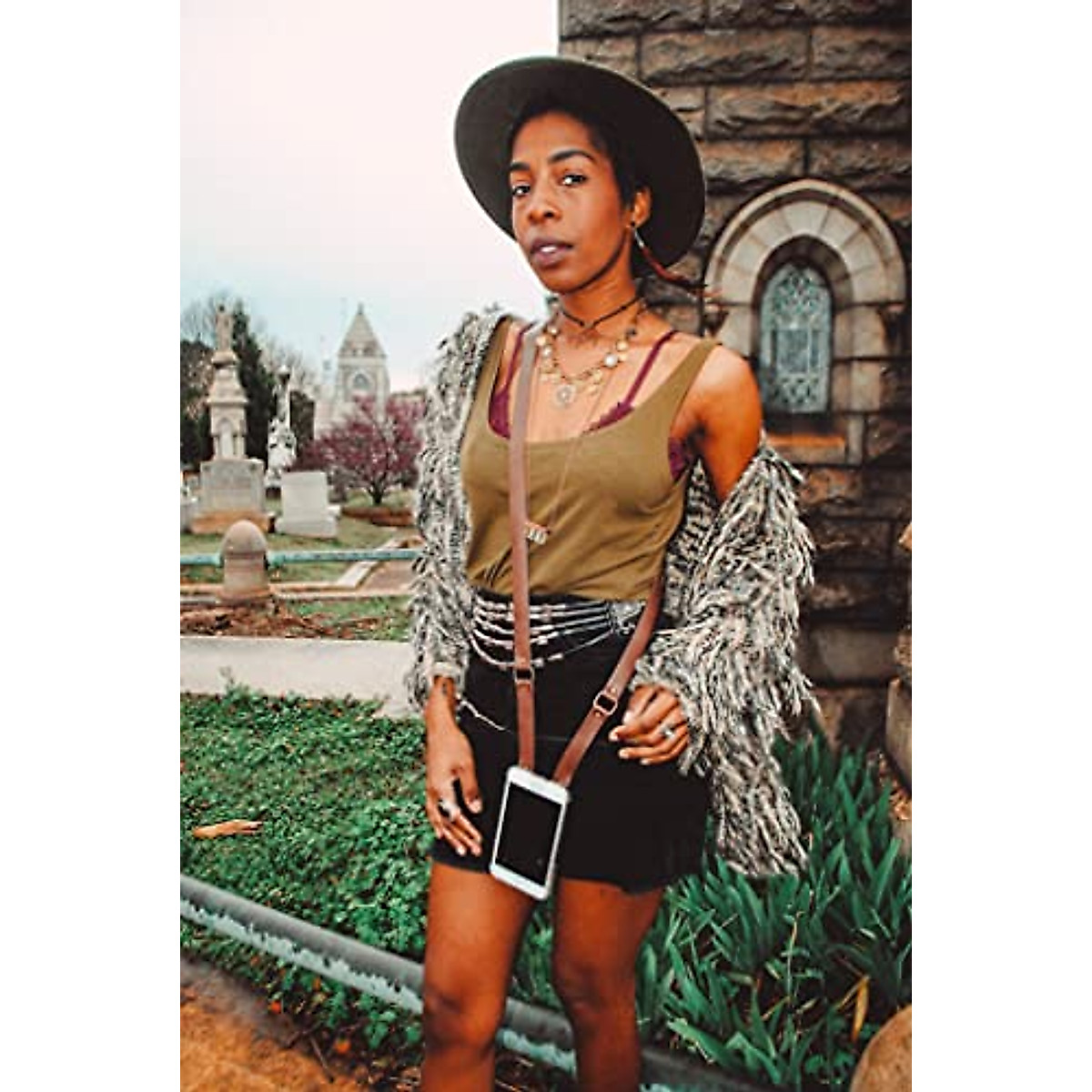 The Clutch Strap Cross-Body Adhesive Phone Carrying Strap with Brown Leather and Brass Hardware, 54-Inches