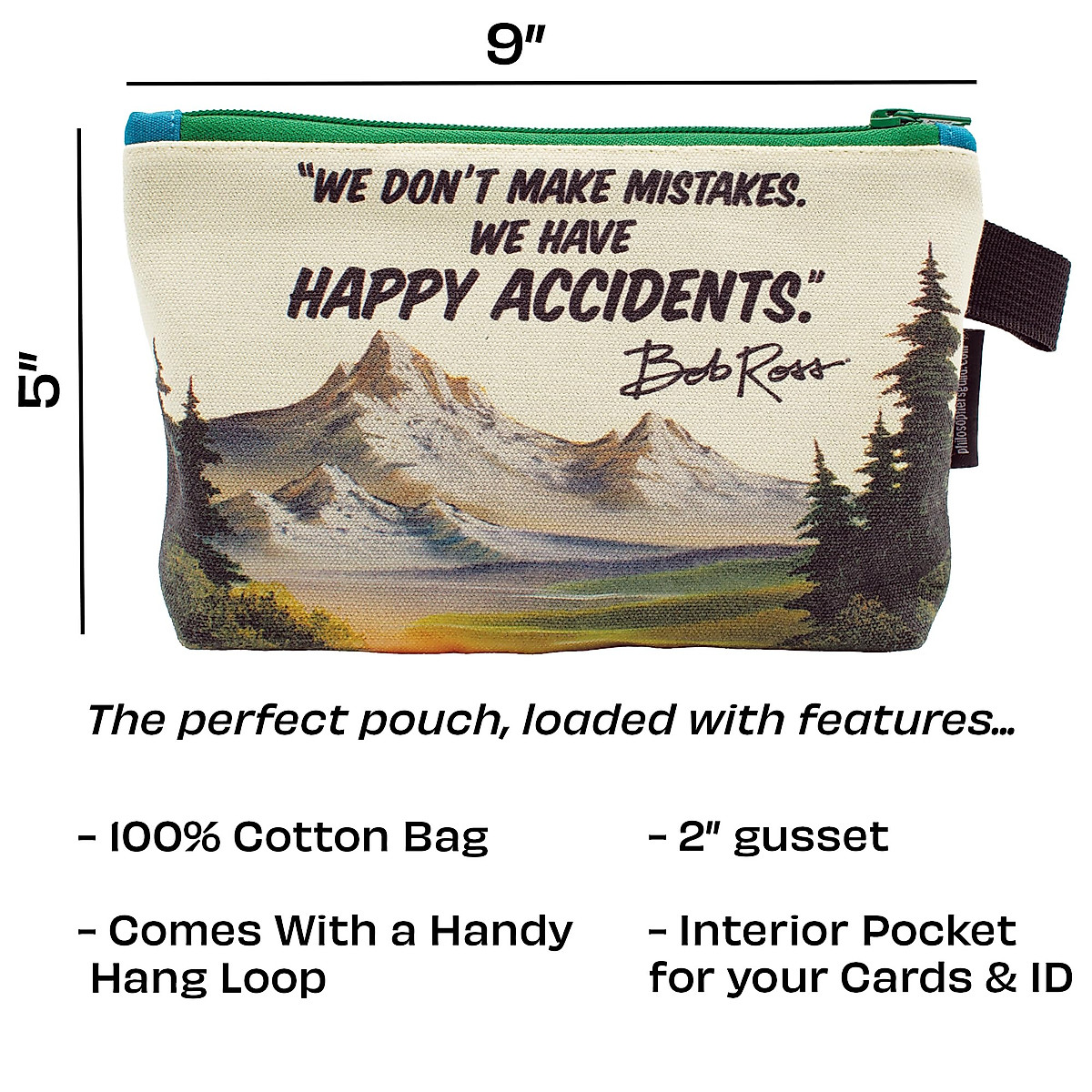 Bob Ross Bag - 9" Canvas Zipper Pouch for Pencils, Tools, Cosmetics, Toiletries and More