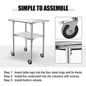 KODOM Food Prep Stainless Steel Table 36" x 30", Heavy Duty Workbench with Adjustable Under Shelf, Commercial Worktable with 4 Casters for Commerical Kitchen, Restaurant, Home and Hotel