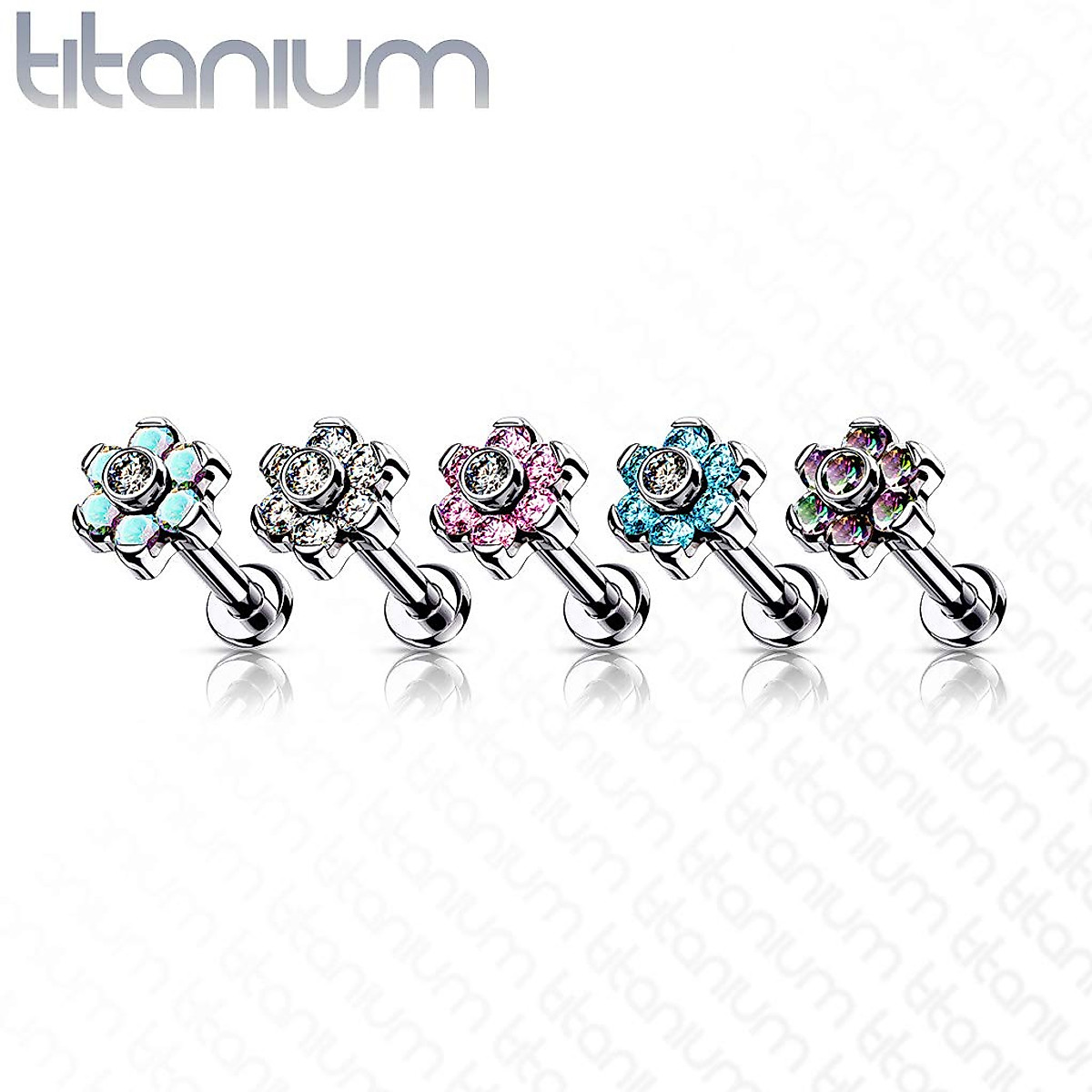 Dynamique Implant Grade Titanium Threadless Push In Labret, Flat Back Studs With CZ Set Flower Top For Cartilage, Monroe And Nose (Sold Per Piece)