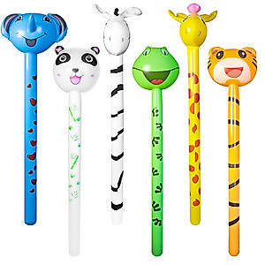 Novelty Place 6 Pcs Inflatable Animals Stick with Sound - Jungle Safari Animal Balloons Stick Blow Up Toys for Kids Animal Theme Birthday Party Favors and Decorations
