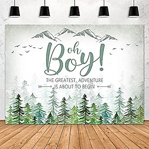 Aperturee Adventure Awaits Baby Shower Backdrop 7x5ft Oh Boy Let The Adventure Begin Pine Tree Mountain Wilderness Adventure Woodland Photography Background Forest Party Decorations Photo Booth Props
