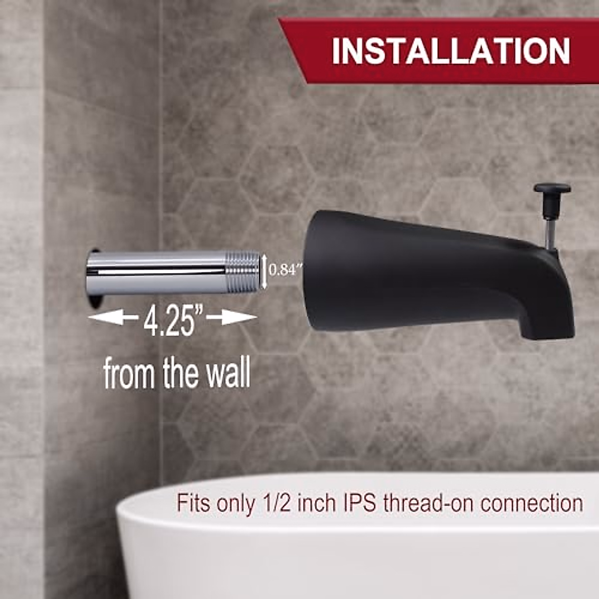 Westbrass E531D-1F-62 5-1/4" Reach Wall Mount Tub Spout with Front Diverter, Matte Black