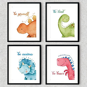 Inspirational Be Kind Be Yourself Be Curious Be Brave Wall Art Decor, Dinosaur Wall Decor for Nursery Bedroom Home, Dinosaur Poster Be Kind Be Brave Decorations for Nursery Room Living Room Home Set of 4 (8”X10”) Unframed