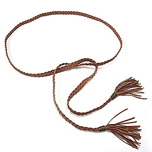 CHIC DIARY Women Braided Waist Belt Skinny Woven Tassel Belt for Dress (Brown)