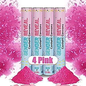 PFXNJDEQ Gender Reveal Confetti Powder Cannon, 4 Pink, 12 Inch, 100% Biodegradable Powder and Confetti, Gender Reveal Decorations, Gender Reveal Party Game Ideas, Gender Reveal Party Supplies (Pink)