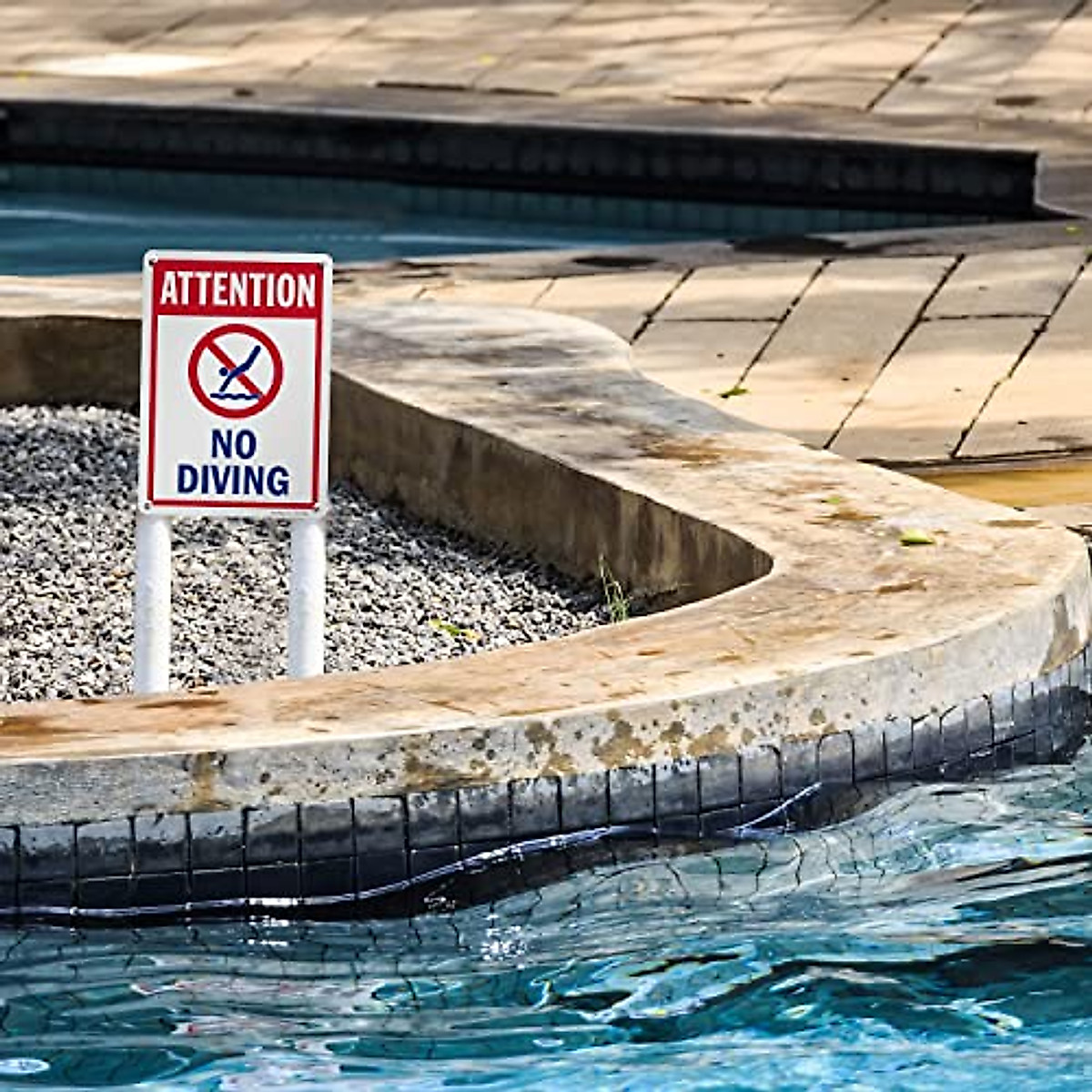 SmartSign 14 x 10 inch “Attention - No Diving” Pool Metal Sign, 40 mil Laminated Rustproof Aluminum, Red, Blue and White