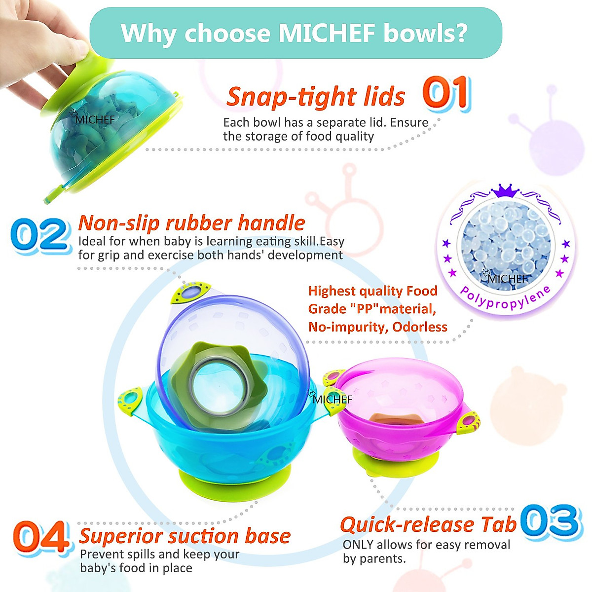 MICHEF Baby Bowls, Baby Feeding Bowls Set with 2 Hot Safe Baby Fork and Spoon, 2 Soft-Tip Silicone Baby Spoons, Mash and Serve Bowl - Baby Shower, Set of 3 Suction Baby Bowls for Toddler with Lids