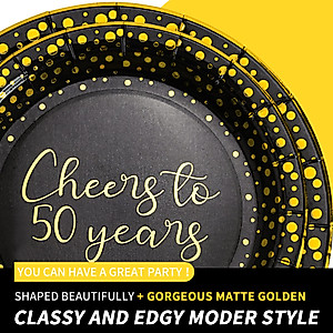 Sparkles Hub 50th Birthday Party Supplies Tableware Serves 24: 9" Paper Plates 7" Plate 9 Oz Cups Napkins Forks Knives Tablecloth 50th Birthday Black & Gold Dot Themed Disposable Dinnerware