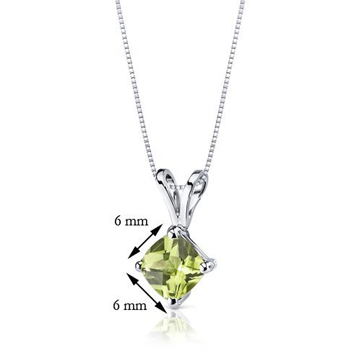 PEORA Solid 14K White Gold Peridot Pendant for Women, Genuine Gemstone Birthstone Classic Solitaire, Cushion Cut, 6mm, 1 Carat total