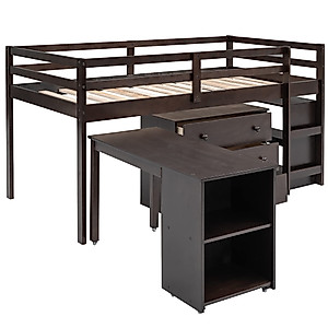 CITYLIGHT Twin Size Loft Bed with Desk, Low Study Twin Loft Bed Frame, with Cabinet and Rolling Portable Desk, Low Twin Loft Bed for Kids and Teens (Espresso)