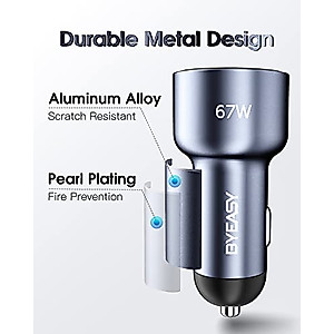 BYEASY USB Car Charger, 67W Dual Port Fast Type C Charging Adapter, PD3.0 QC4.0 Power Output Charger, Car Cigarette Lighter Plug for MacBook, Laptop, iPhone 14/13, Samsung S22/S21, iPad Pro More