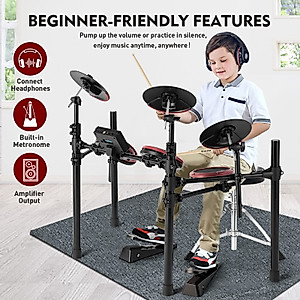 MUSTAR Electronic Drum Set, 10 Piece Electric Drum Set with 225 Sounds, 8" Dual Zone Snare, 8" Silicone Tom Pads, 10" Cymbals, Kick Drum, 2 Pedals, Sticks, USB MIDI, 15 Drum Kits (5 Pads, 3 Cymbals)