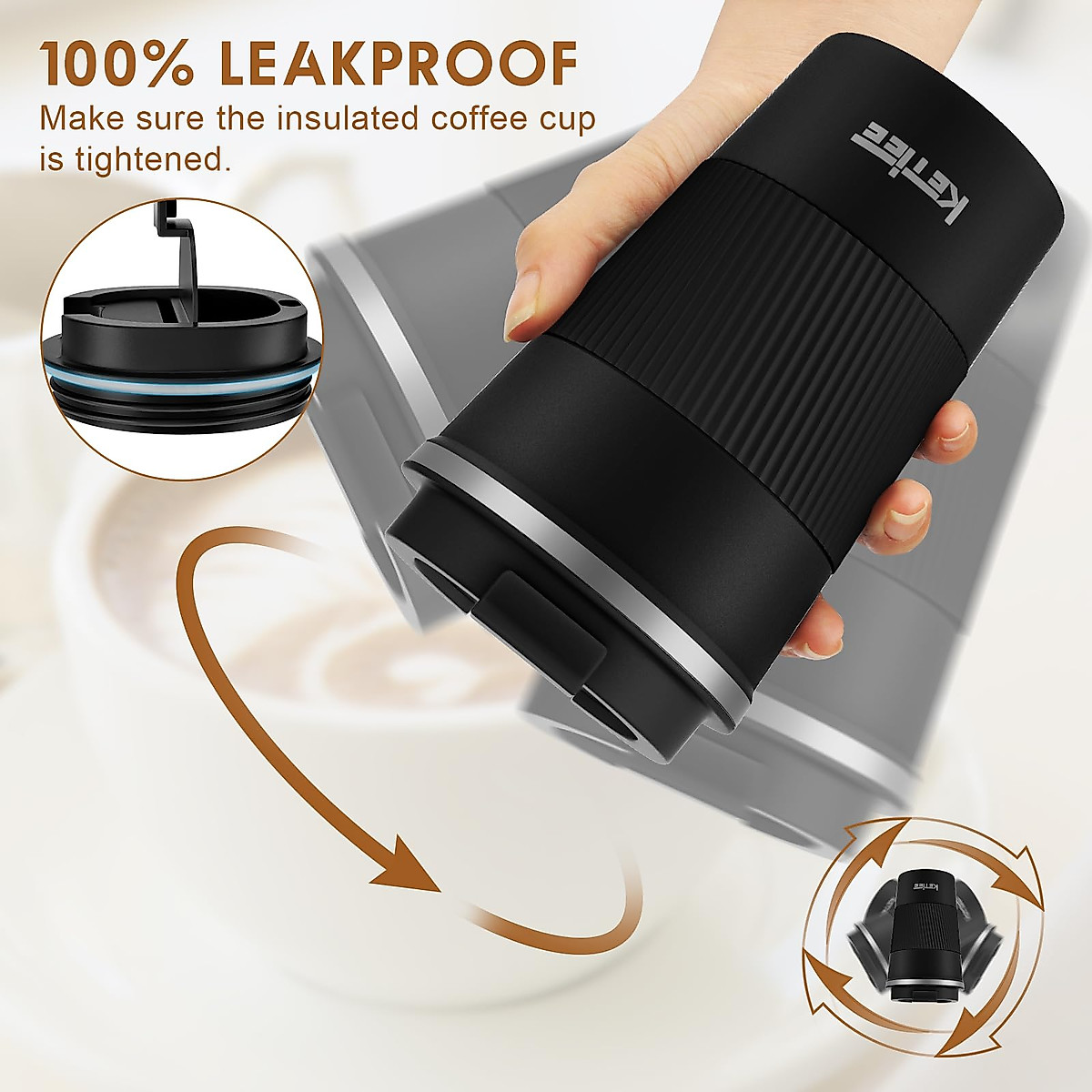 KETIEE Travel Mug 12oz, Vacuum Insulated Coffee Mug with Leakproof Lid, Travel Coffee Tumbler Stainless Steel Double Walled Reusable Coffee Cup for Hot and Iced Coffee Tea Water (Black)