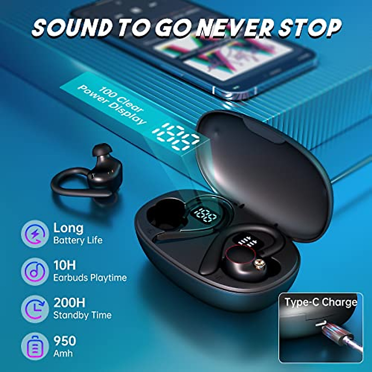 NANSON Headphones Wireless Earbuds 60hrs Playback IPX7 Waterproof Earphones Over-Ear Stereo Bass Headset with Earhooks Microphone LED Battery Display for Sports/Workout/Gym/Running Black