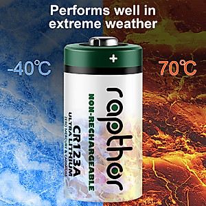 rapthor CR123A Lithium Batteries 1650mAh High Power UL Certified 3V Non-Rechargeable Battery with Built-in PTC for Flashlight Toys Alarm System Microphones (Not for Arlo) (20)