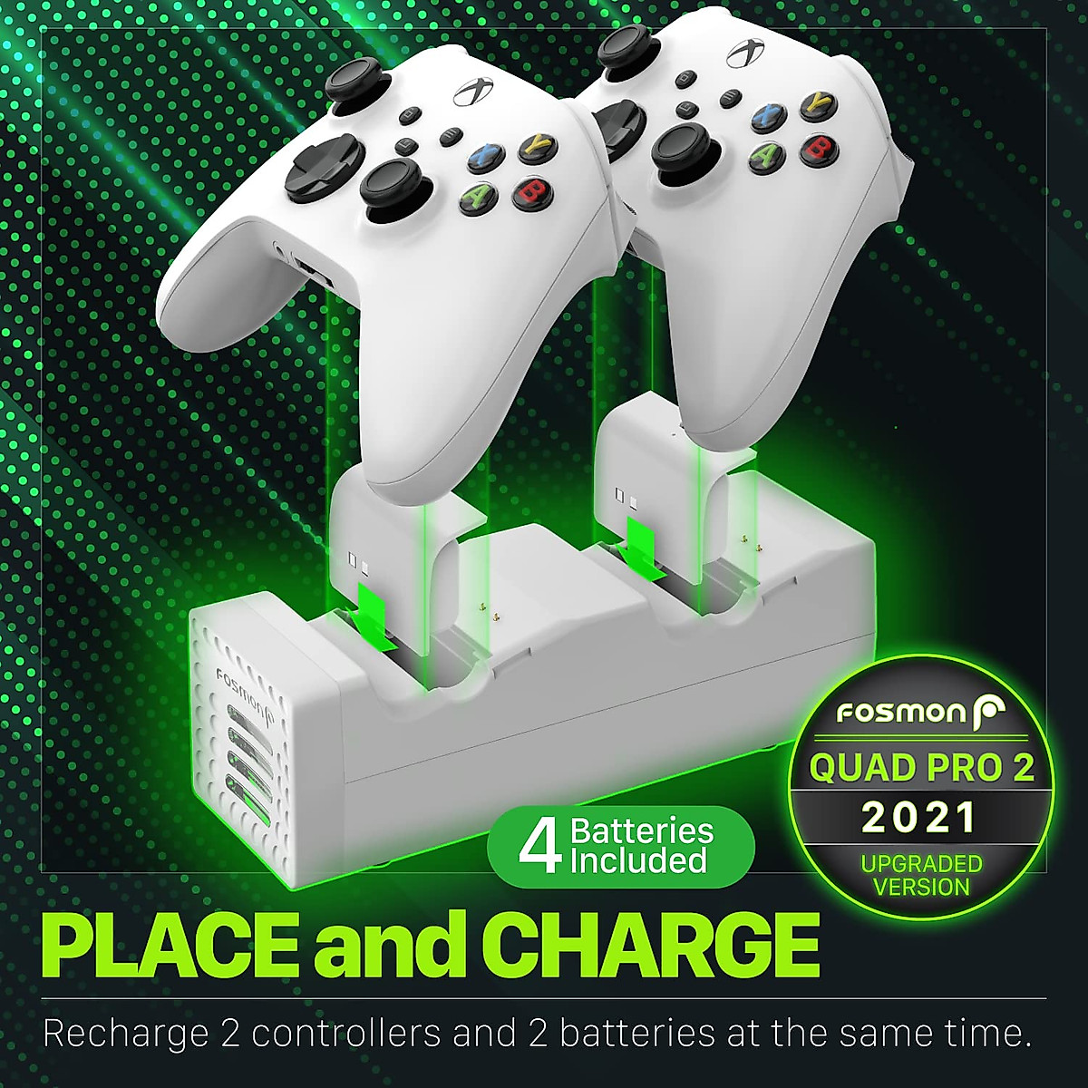 Fosmon Quad PRO Controller Charger Compatible with Xbox Series X/S Controllers (Not for Xbox One / 360 / Elite 2) Controllers, Dual Dock Charging Station with 4 Rechargeable Battery Packs - White
