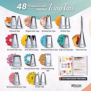 74PCs Icing Piping Bags and Tips Set-Cookie,Cupcake Icing Tips Cake Decorating Kit Baking Supplies -48 Numbered Cake Frosting Piping Tips with Reusable& Disposable Pastry Bags with Pattern Chart&Ebook