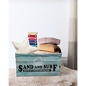Summer Beach Crab Storage Basket Waterproof Cube Storage Bin Organizer with Handles, Anchor Nautical Sand and Surf Teal Wooden Collapsible Storage Cubes Bins for Clothes Books Toys 15"x11"x9.5"