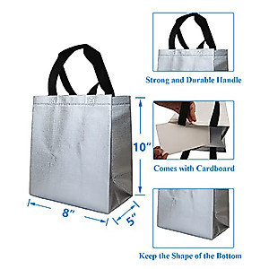 HUANN 6 Pcs Silver Gift Bags Medium Size Shine Reusable Gift Bags with Handles Metallic Glossy Non Woven Gift Bags for Wedding Christmas Party Birthday 8 x 5 x 10 Inch