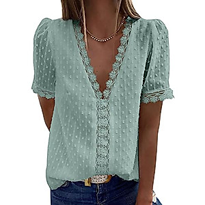 Dokotoo Women's Summer Lace V-Neck Flowy Short Sleeve Casual Loose Tunic Top - Light Green, L