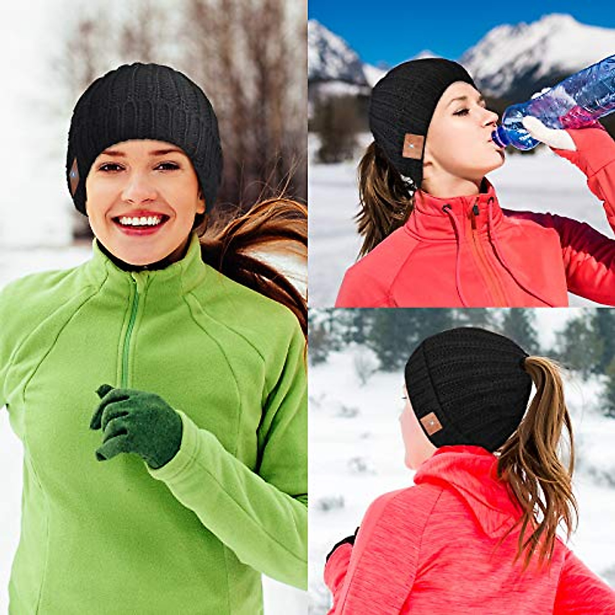 Beanie Hat Compatible with Bluetooth Headphone Ponytail Warm Beanies for Women Built-in Microphone (Black)