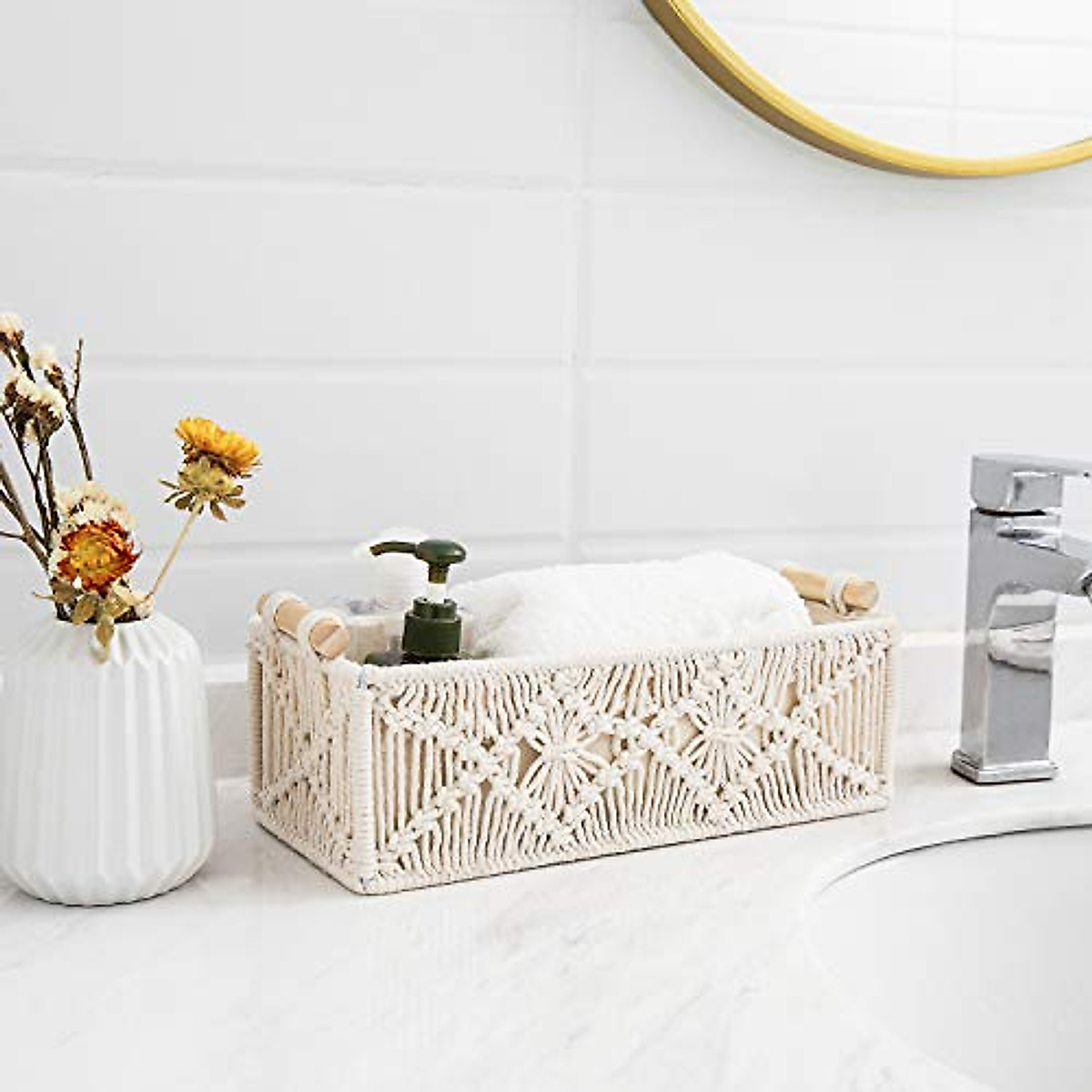 Mkono Macrame Storage Baskets Boho Decor Box Handmade Woven Decorative Countertop Toilet Tank Shelf Cabinet Organizer for Bedroom Livingroom Home, Set of 2, Ivory
