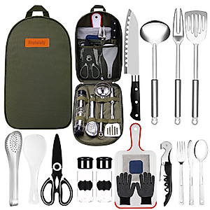Haplululy Camping Kitchen Equipment Camping Cooking Utensils Set Portable Picnic Cookware Bag Campfire Barbecue Appliances Essential Gadgets and Accessories Suitable for Tent Campers,