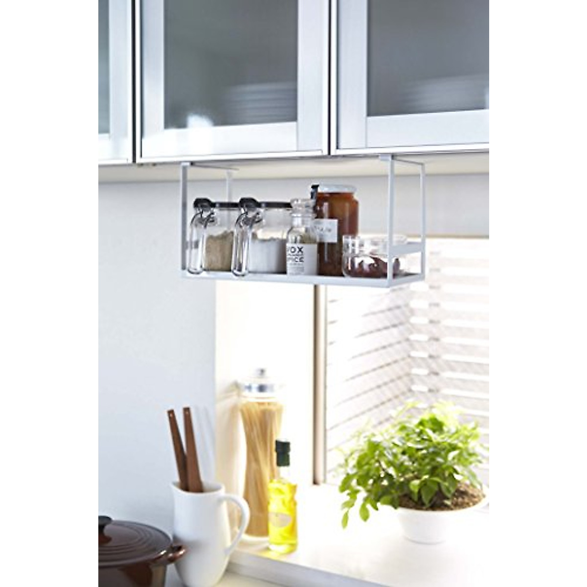 YAMAZAKI Home Under Shelf Spice Rack and Organizer for Kitchen Cabinets | Steel | Undershelf Solution, One Size, White