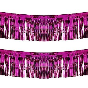 Blukey 10 Feet by 15 Inch Fuchsia Foil Fringe Garland - Pack of 2 | Shiny Metallic Tinsel Banner | Ideal for Parade Floats, Bridal Shower, Wedding, Birthday, Christmas | Wall Hanging Drapes